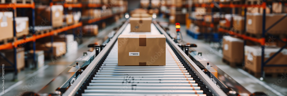 Conveyor belt in a distribution warehouse, with rows of cardboard ...