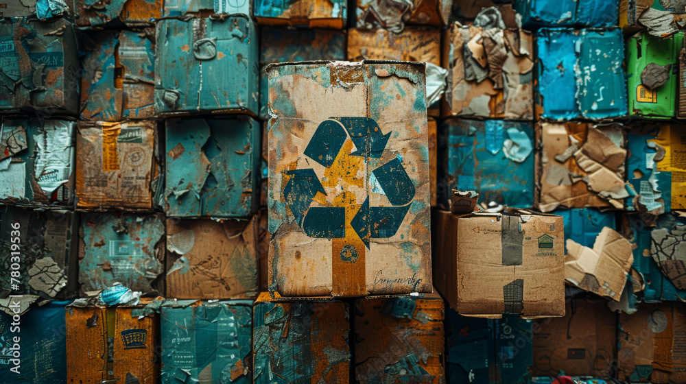 Cardboard and paper recycling sign on dirty cardboard boxes. Background ...
