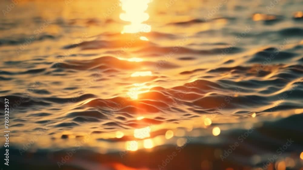 Fiery orange sun dips below the horizon, casting a golden reflection on ...