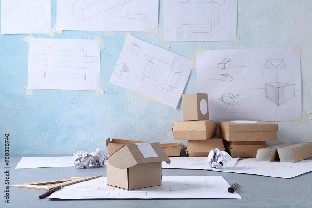 Creating packaging design. Drawings, boxes and stationery on blue ...