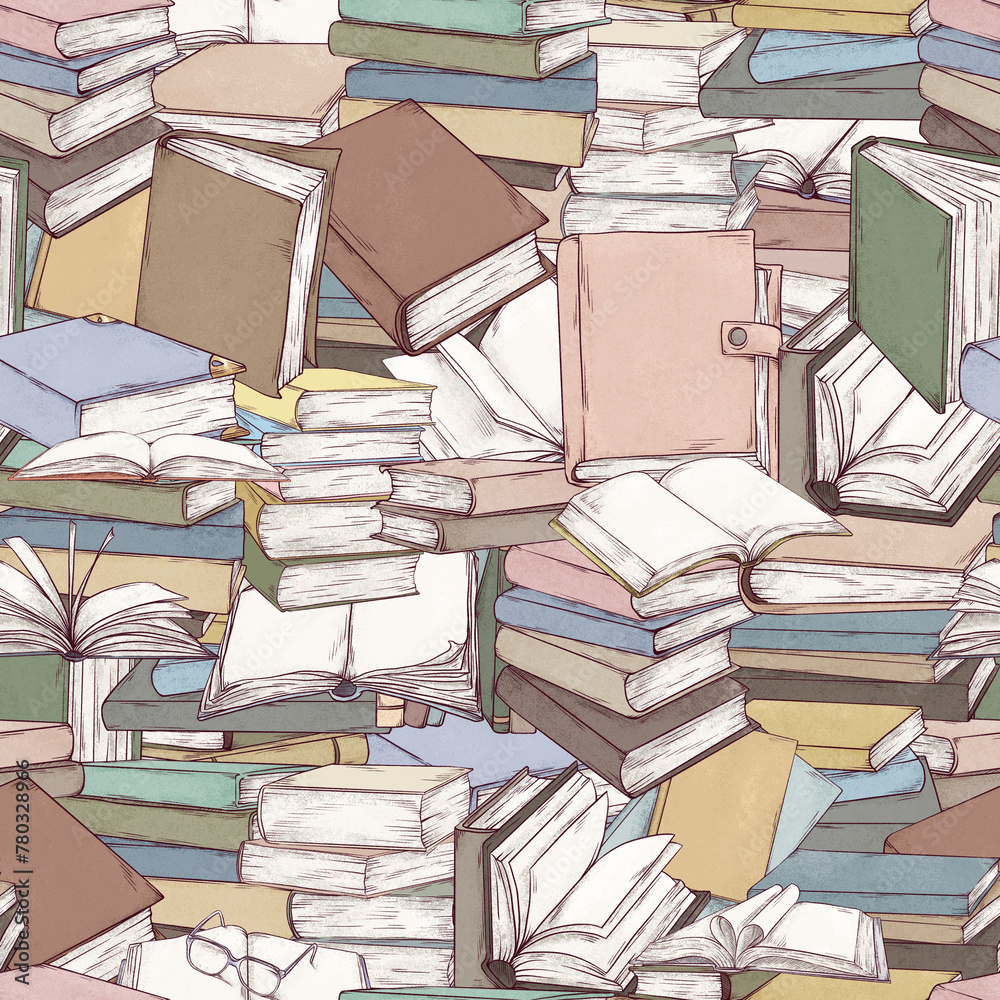 Books hand drawn illustrations seamless pattern. Sketch art of various ...
