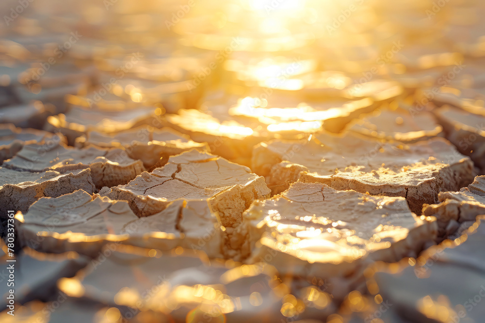 Sun's golden rays casting over dried and desiccated soil, depicting ...