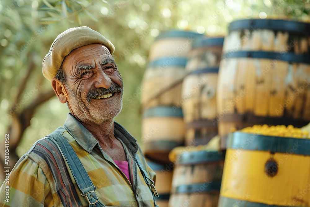 Standing beside barrels of olive oil, a farmer shows freshly squeezed ...