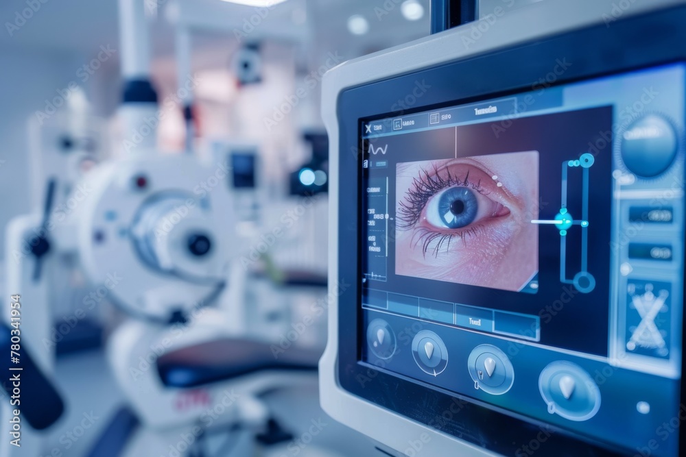 Advanced eye examination equipment in a clinical setting, featuring a ...