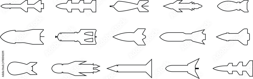 Set of Missile icons in line styles editable stock. Combat rocket ...