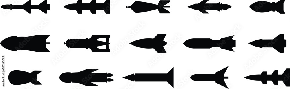 Set of Missile icons fill styles. Combat rocket weapons. Nuclear atomic ...