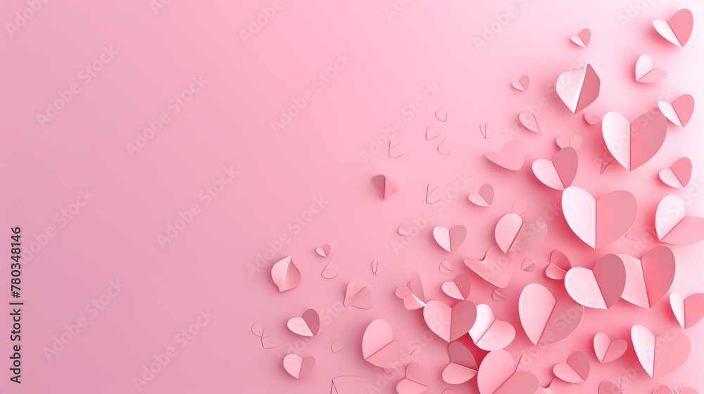 Pink paper hearts on a pink background. The hearts are of different ...