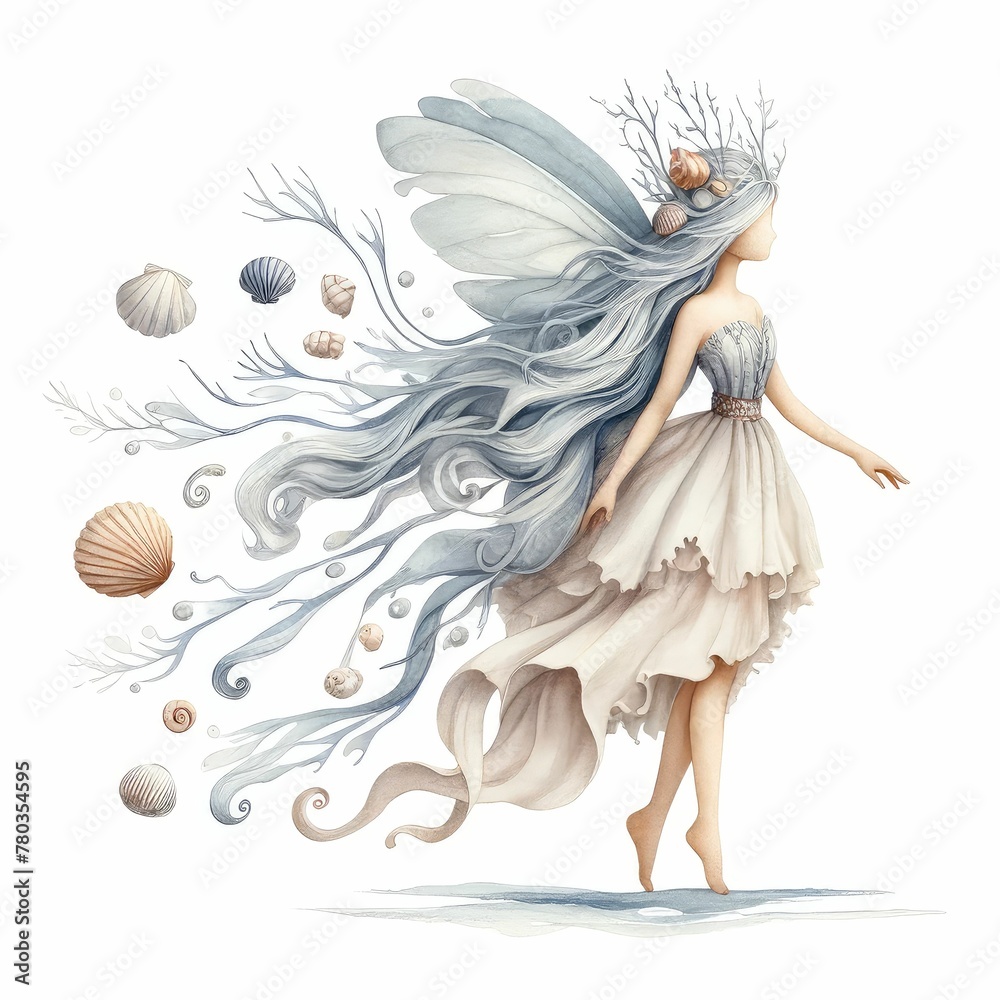Sea fairy with seashell accessories. watercolor illustration, Perfect ...