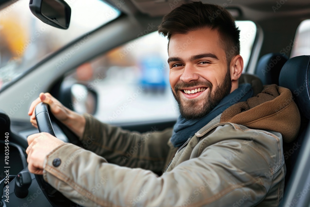 Handsome young man is driving a car and smiling driving a car with a ...