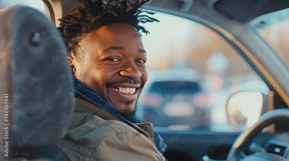 Handsome young man is driving a car and smiling driving a car with a ...