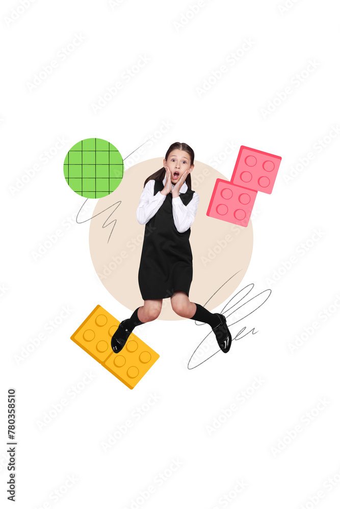 Vertical collage diligent academic school girl jumping scared lost ...
