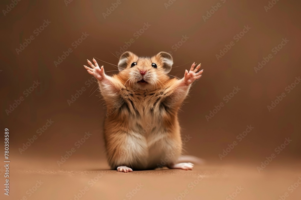 Cute hamster standing up with arms open wide on a soft brown background ...