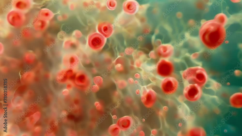 A microscopic view of a red tide with a multitude of redcolored ...