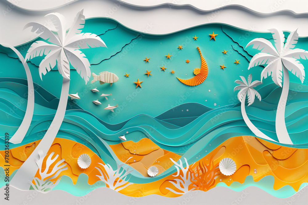 Paper Cuttings art, Ocean coconut trees, waves, fish, coral, starry sky ...
