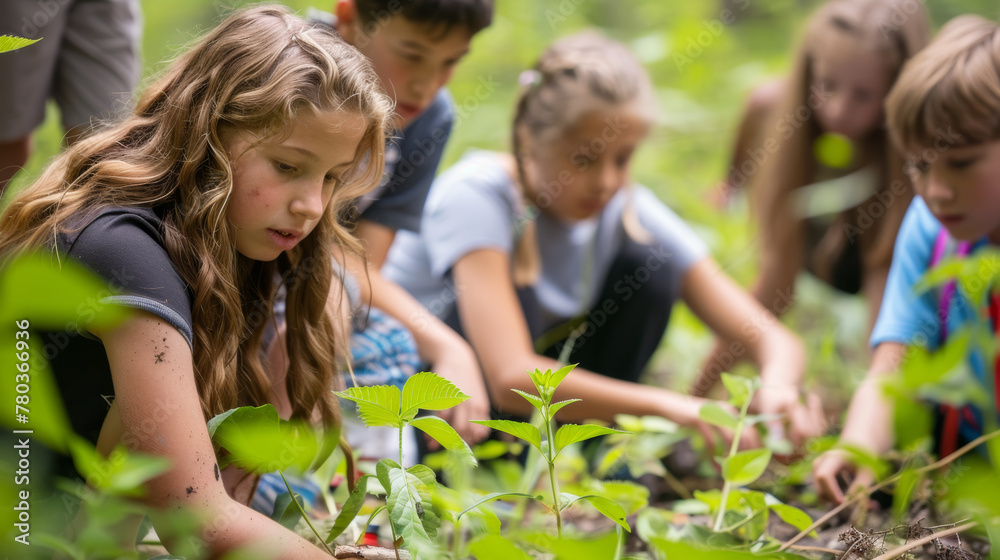 Students learning outdoors in forest, hands-on activities such as ...