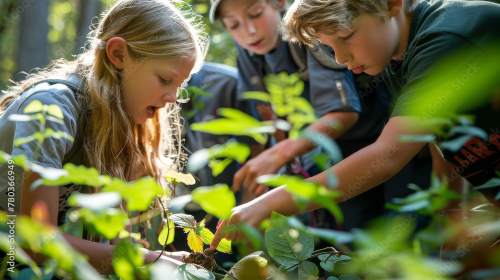 Students learning outdoors in forest, hands-on activities such as ...