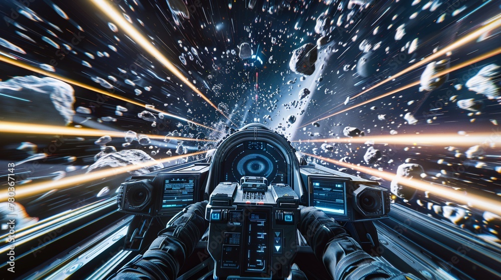 A pilot navigating through asteroid fields at hyper speed cockpit view ...