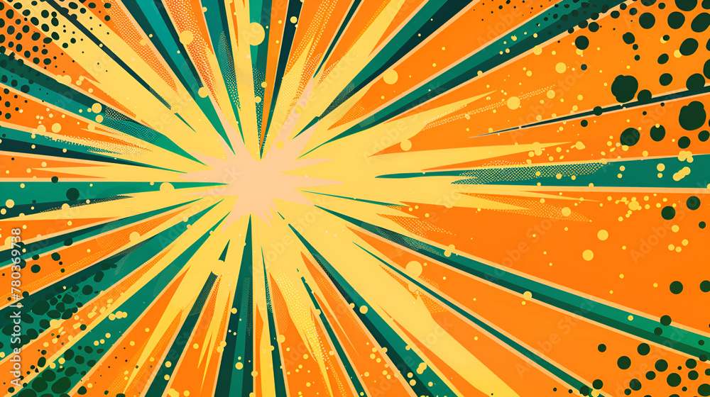 Sun rays retro vintage style on yellow and orange background, Comic pattern with starburst and ...