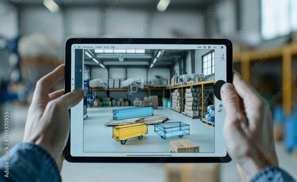 Augmented reality app on a tablet, overlaying digital information on a ...