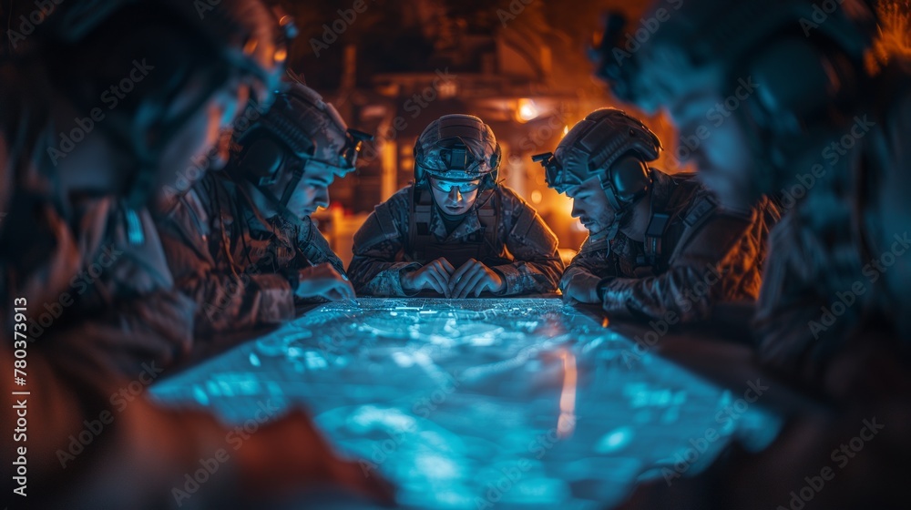 Group of soldiers in gear huddle around a glowing high-tech digital map ...