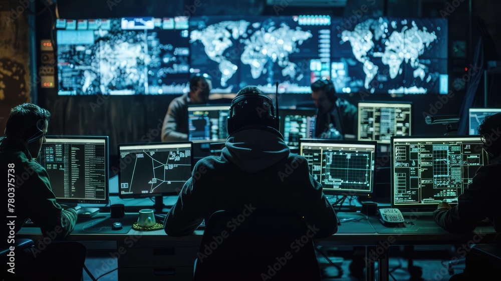 This dramatic image depicts a group of hackers gathered in a dark room ...