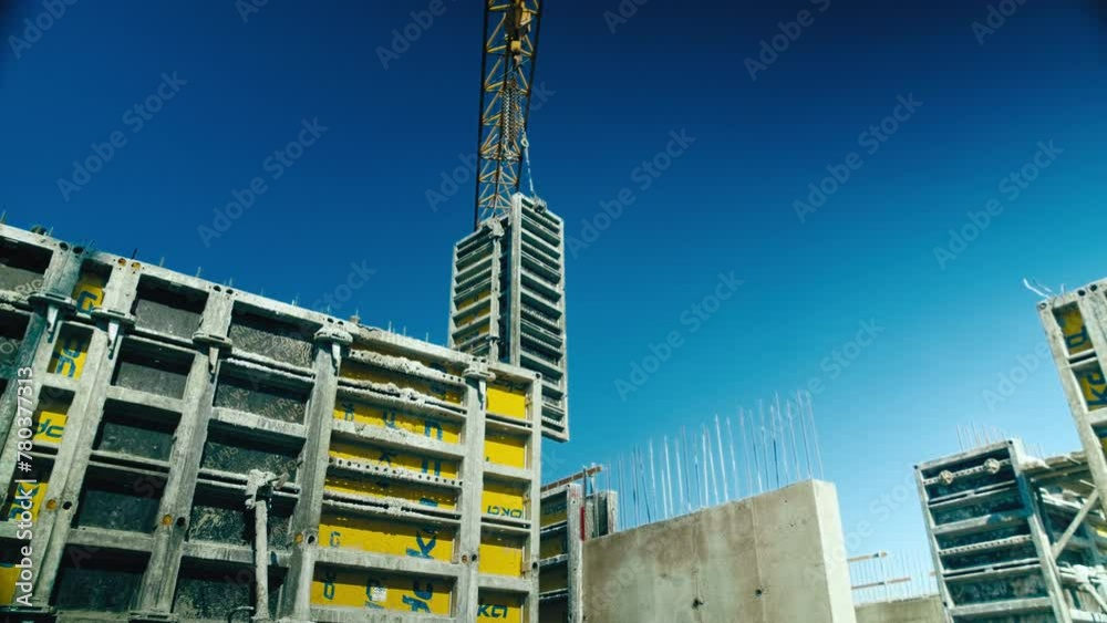 Formwork for creating reinforced concrete slabs lifted on a crane Stock ...