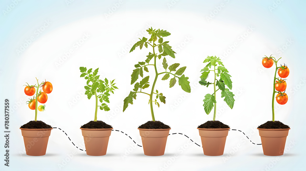 Gradual growth of tomatoes. Life cycle of a tomato plant, leaf, flower ...