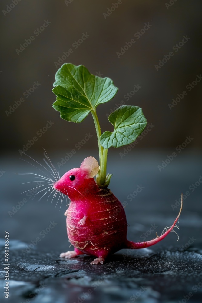 A radish in shape of mouse on a kitchen counter its bright pink body ...