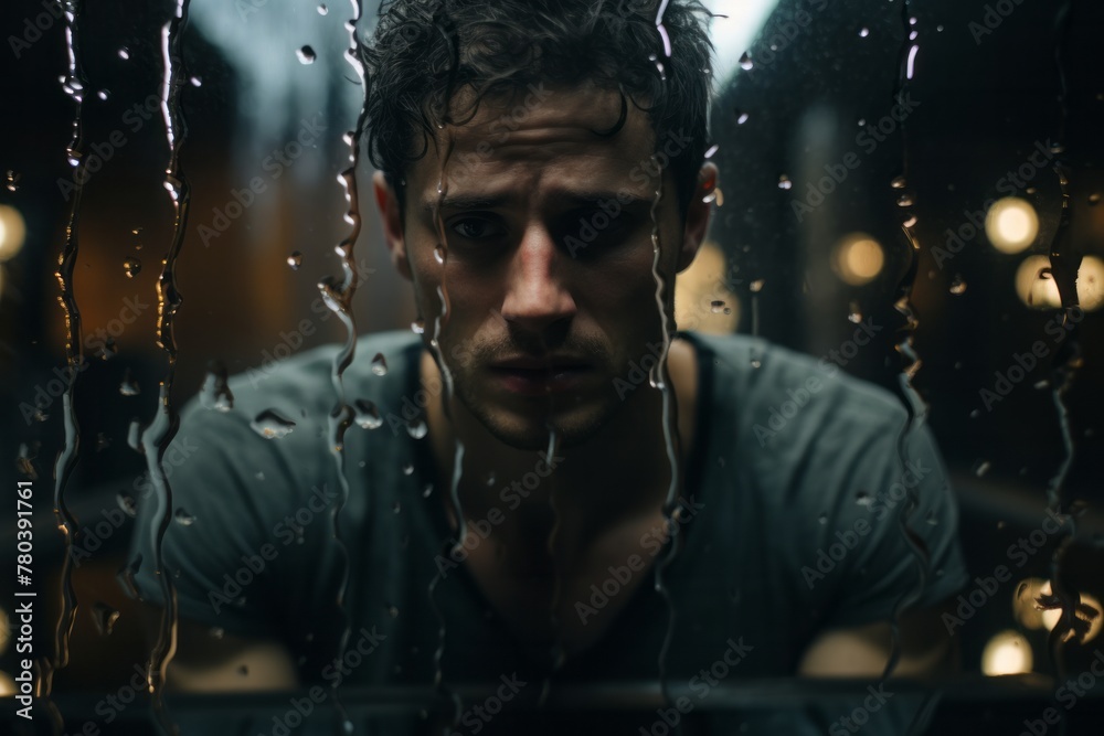 A person staring at their reflection in a mirror, tears streaming down ...