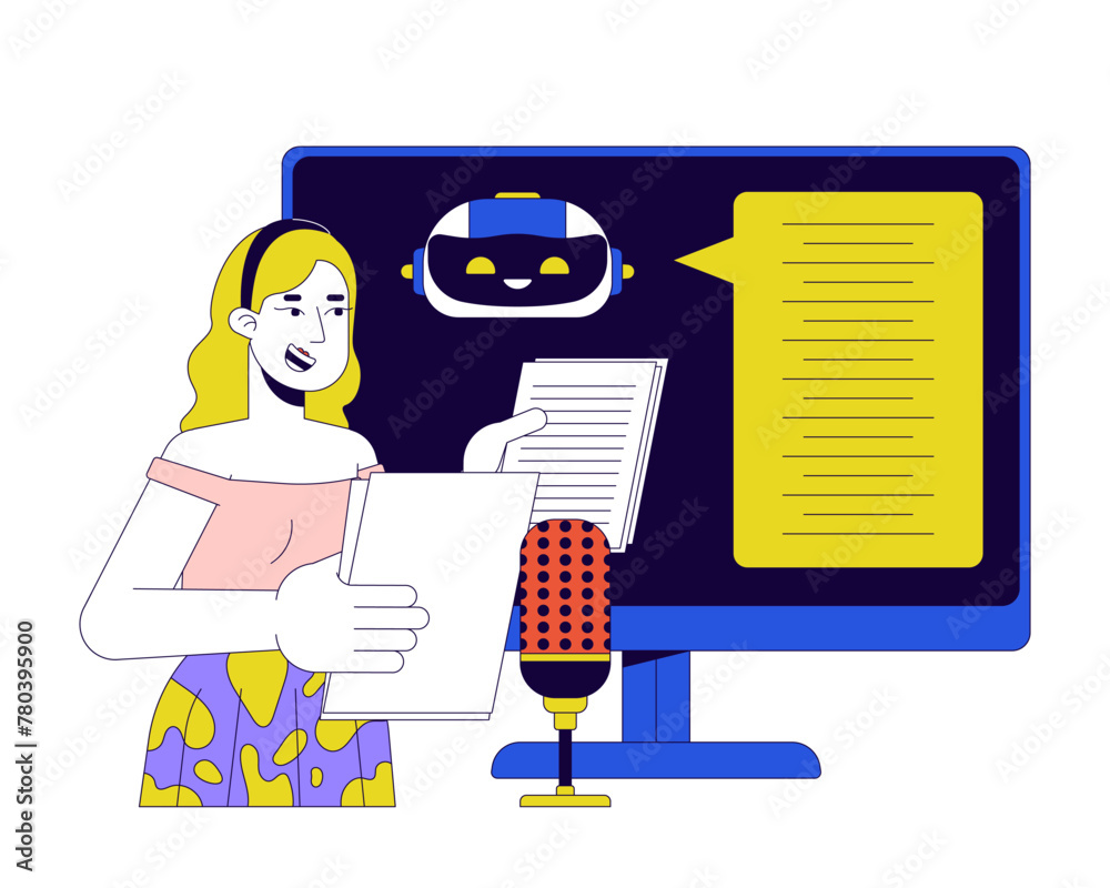 Speech recognition in AI 2D linear illustration concept. Blonde woman ...