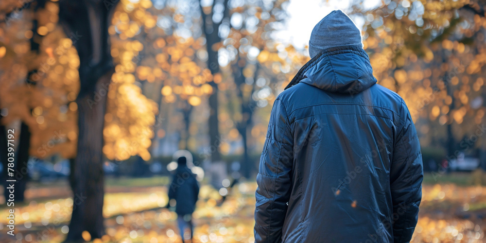 Crime, stalking and sexual assault concept. Back of man in hood ...