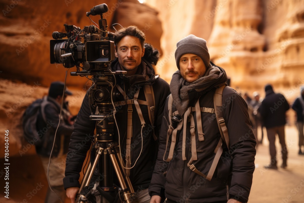 Two men are standing next to each other in front of a camera. They ...
