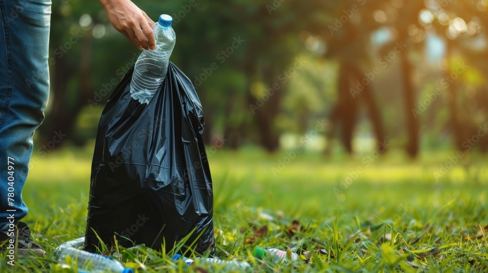 Hand holding plastic bottle waste, picking up trash and putting it in ...