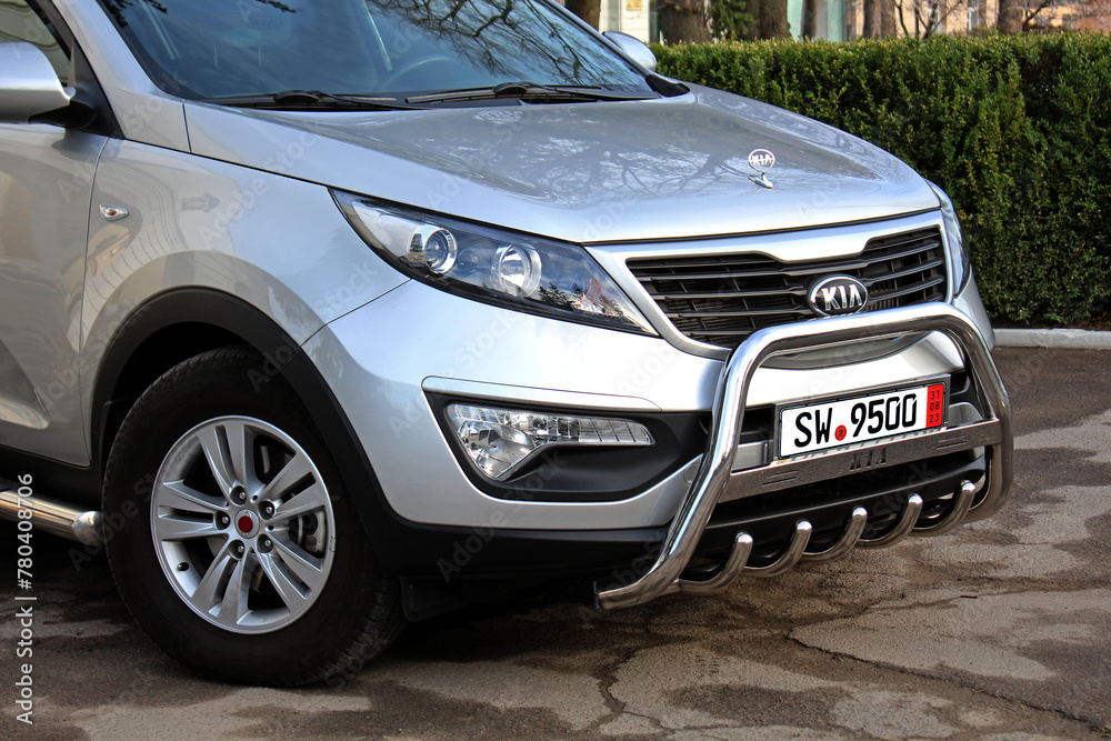 Vinnytsia, Ukraine; April 05, 2024. Grey Kia Sportage front of the car ...