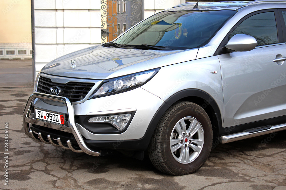Vinnytsia, Ukraine; April 05, 2024. Grey Kia Sportage front of the car ...