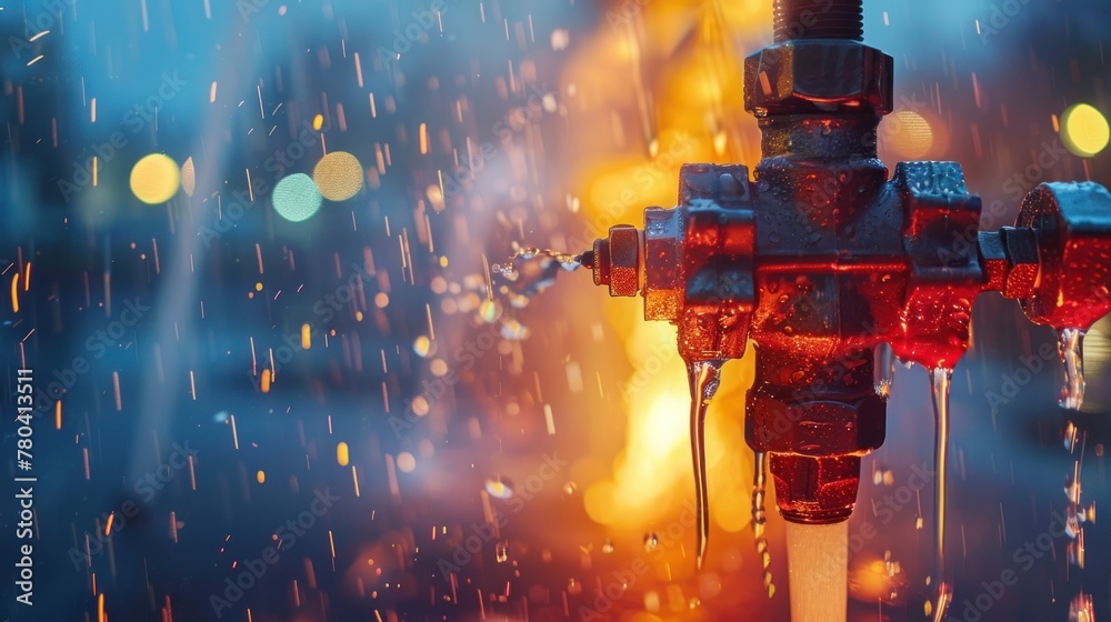 Fire Sprinklers Spraying with fire background. Fire sprinklers are part ...