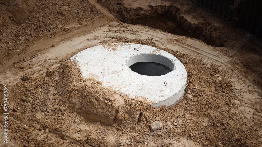 Installation of concrete sewer wells in the ground at the construction ...
