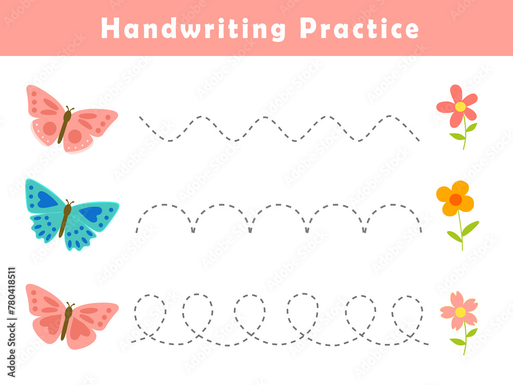Handwriting practice sheet with cute butterfly illustration . Basic ...