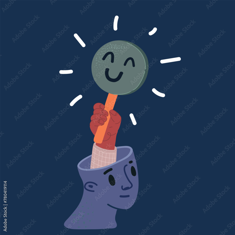Cartoon vector illustration of hand with happy smile inside head ...