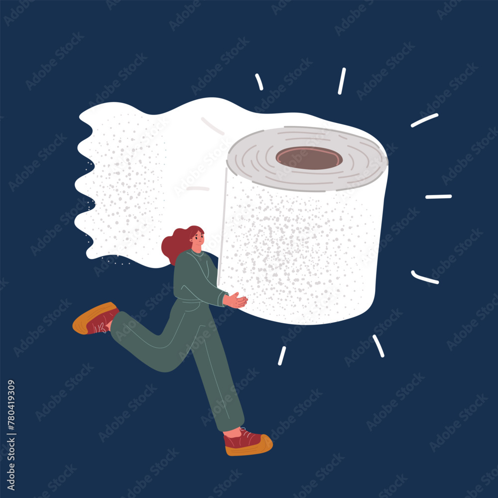 Cartoon vector illustration of woman with toilet paper roll over dark ...