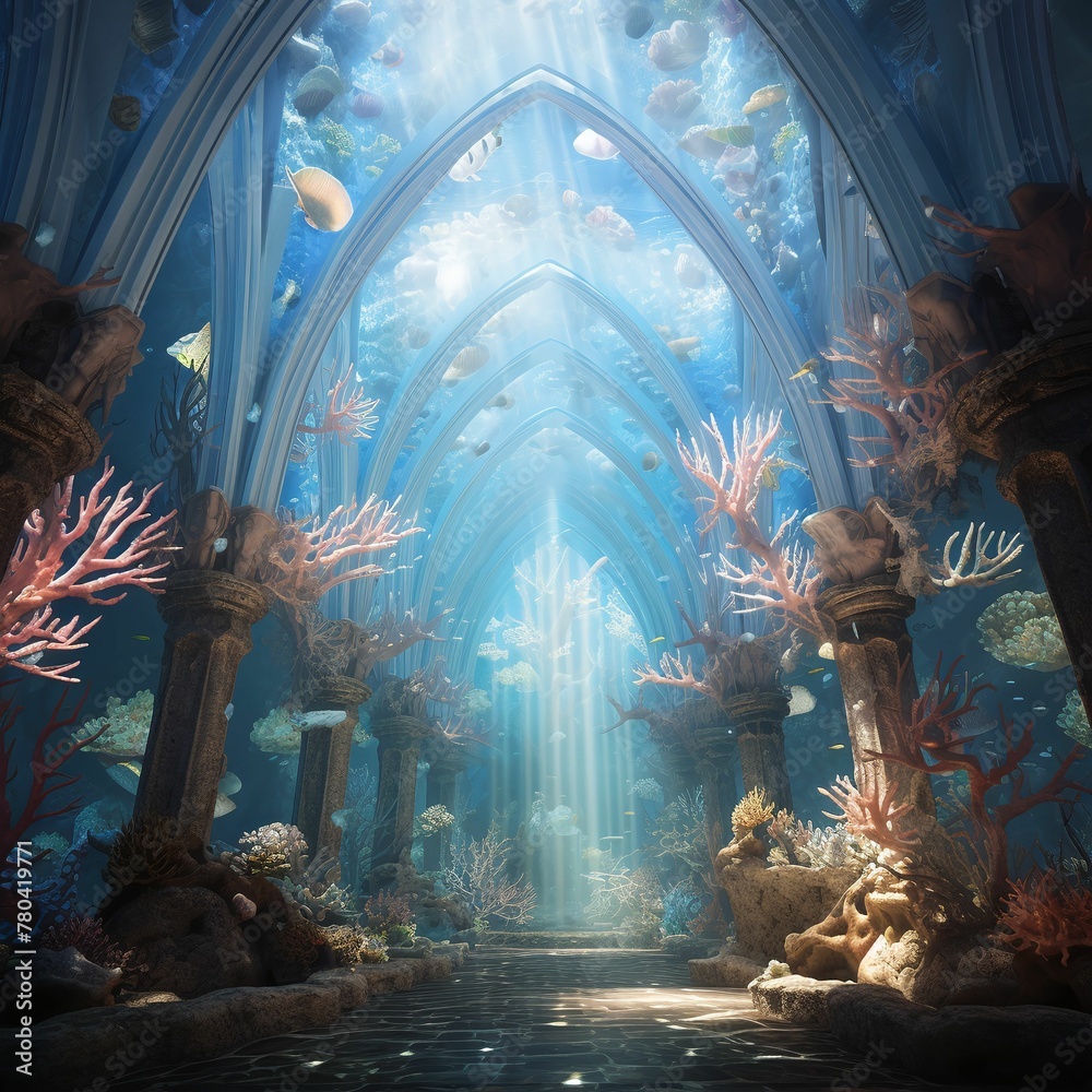 AI generated illustration of an underwater church structure, adorned ...