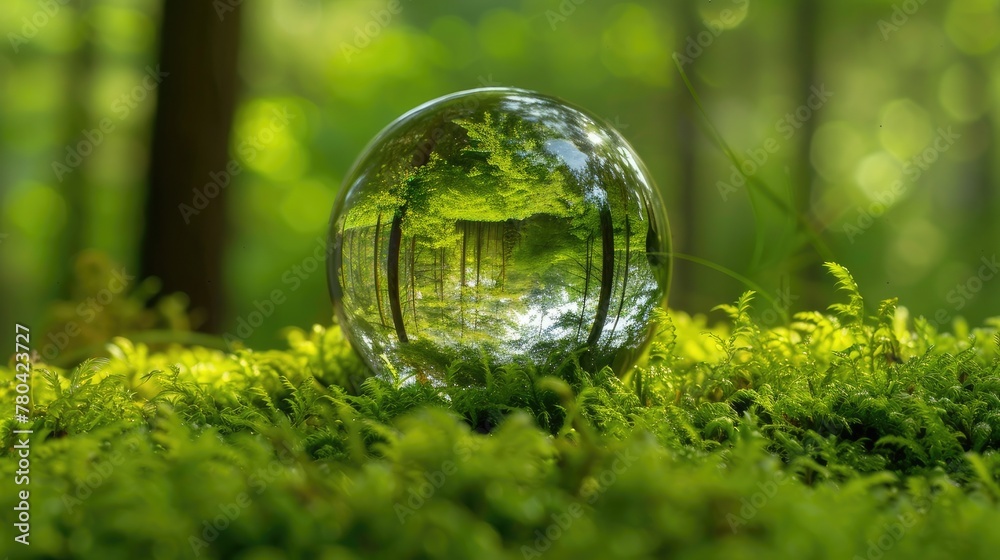 nature refracted through a lens ball, as a verdant green tree is seen ...