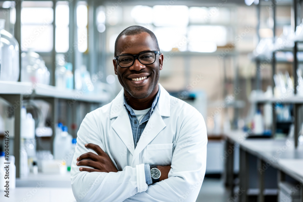 A black male scientist with glasses stands proudly in a modern lab ...