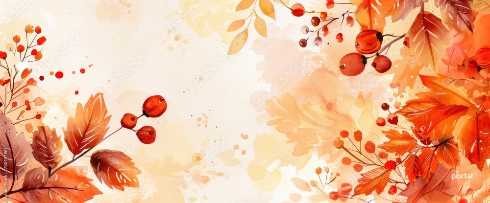 autumn background with watercolor leaves and berries, light orange ...