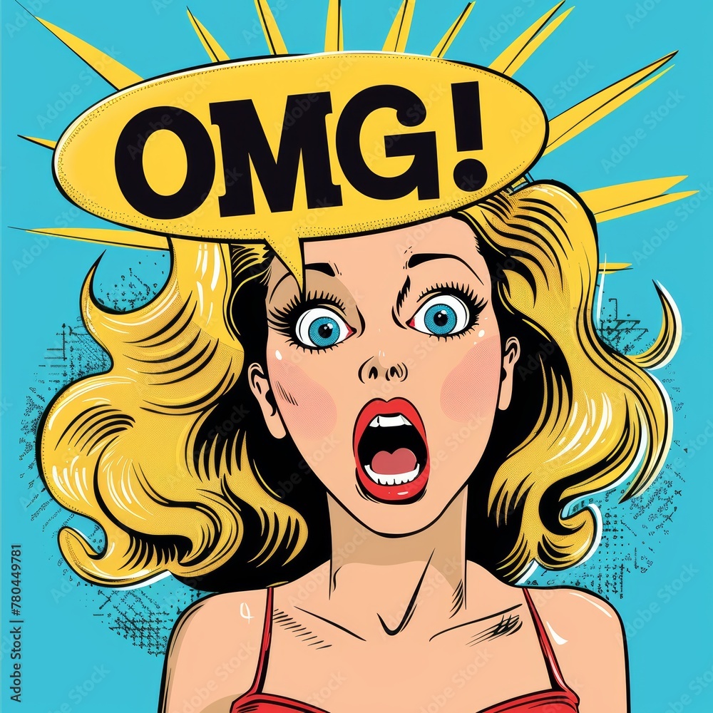 A woman with blonde hair and blue eyes is shocked with opened mouth and ...