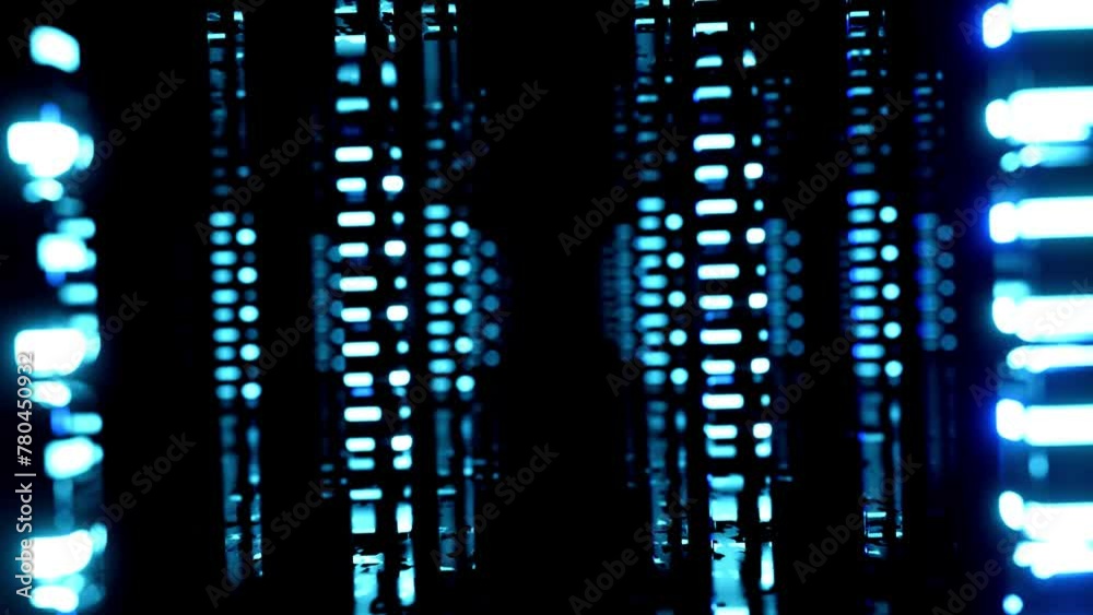 flight through hi-tech technology tunnel with camera shake. Neon light ...