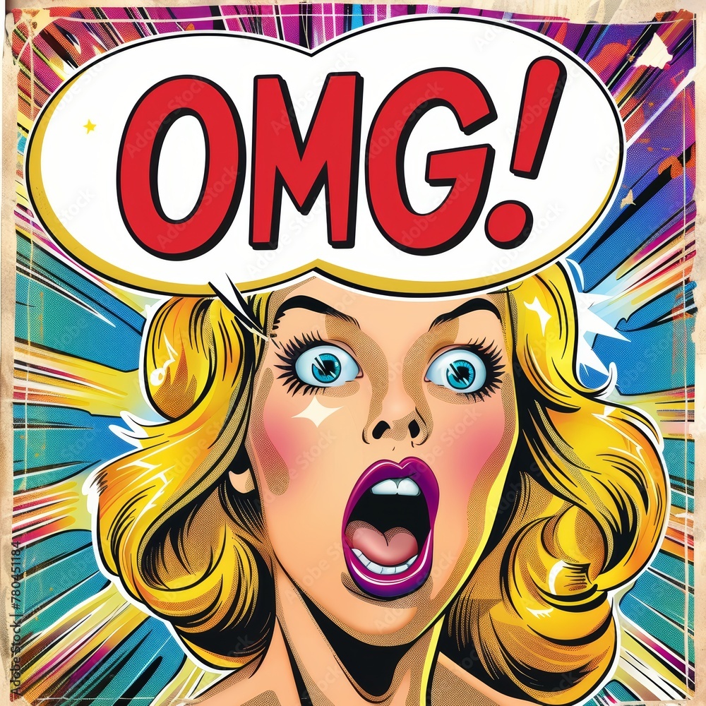 A woman with blonde hair and blue eyes is shocked with opened mouth and ...