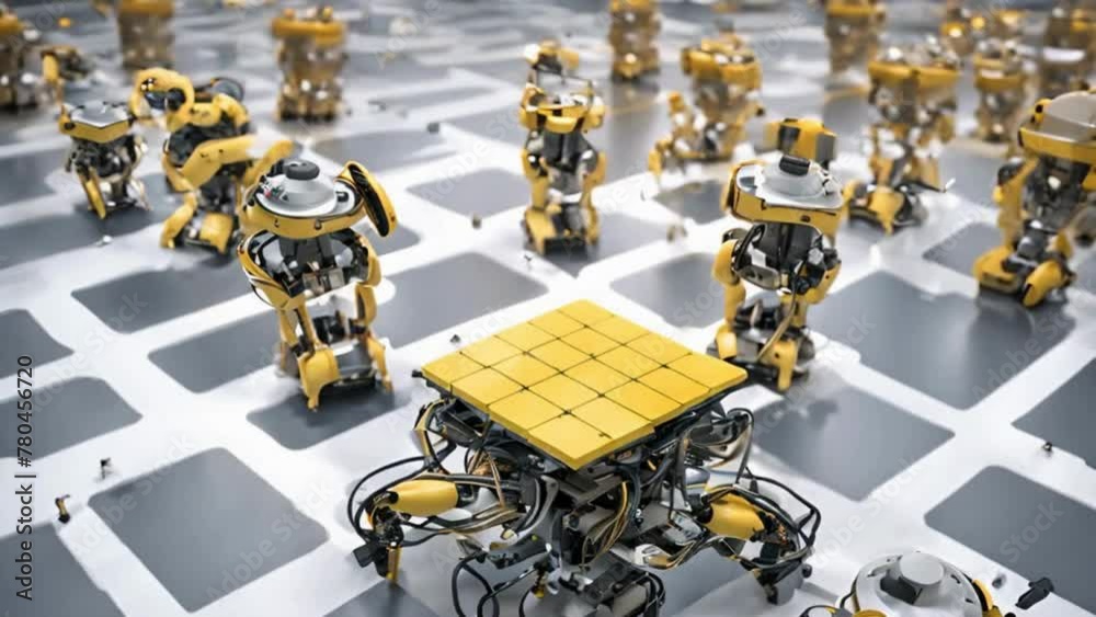 Swarm robotics in electronic assembly, showcasing how multiple robots collaborate to perform ...