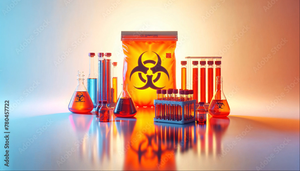 Assorted liquids in lab containers, with a biohazard symbol on a bag in ...