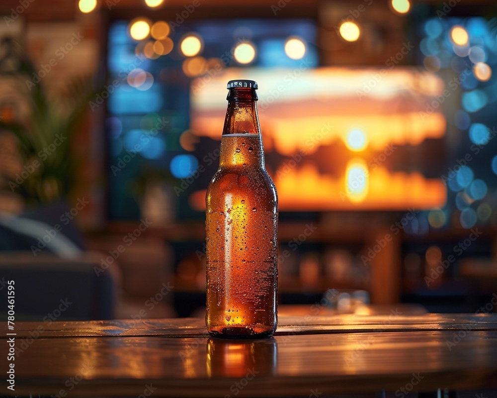Cold beer bottle, TV screen backdrop, table surface, soft glow, leisure ...